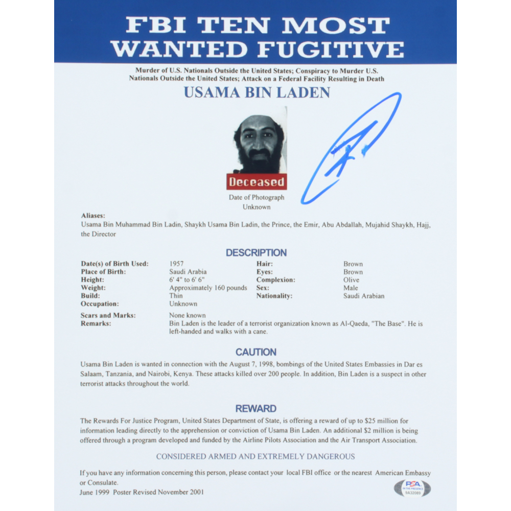 Robert J. O'Neill Signed "FBI Ten Most Wanted Fugitives" 11x14 Photo ...