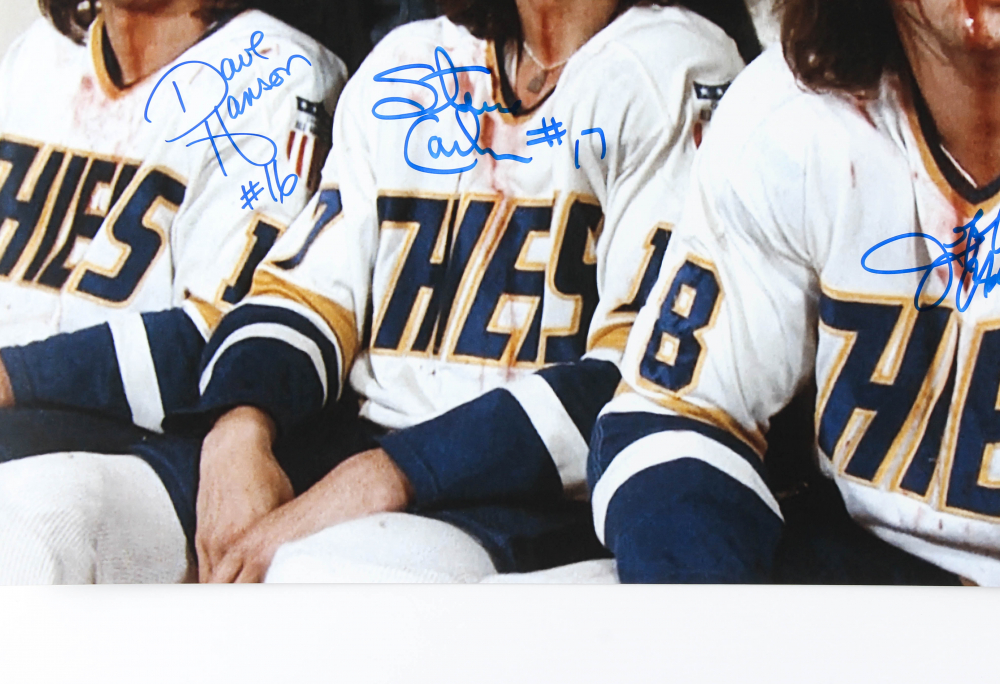 Dave Hanson, Steve Carlson & Jeff Carlson Signed "Slap Shot" 16x20 Photo (Beckett COA ...