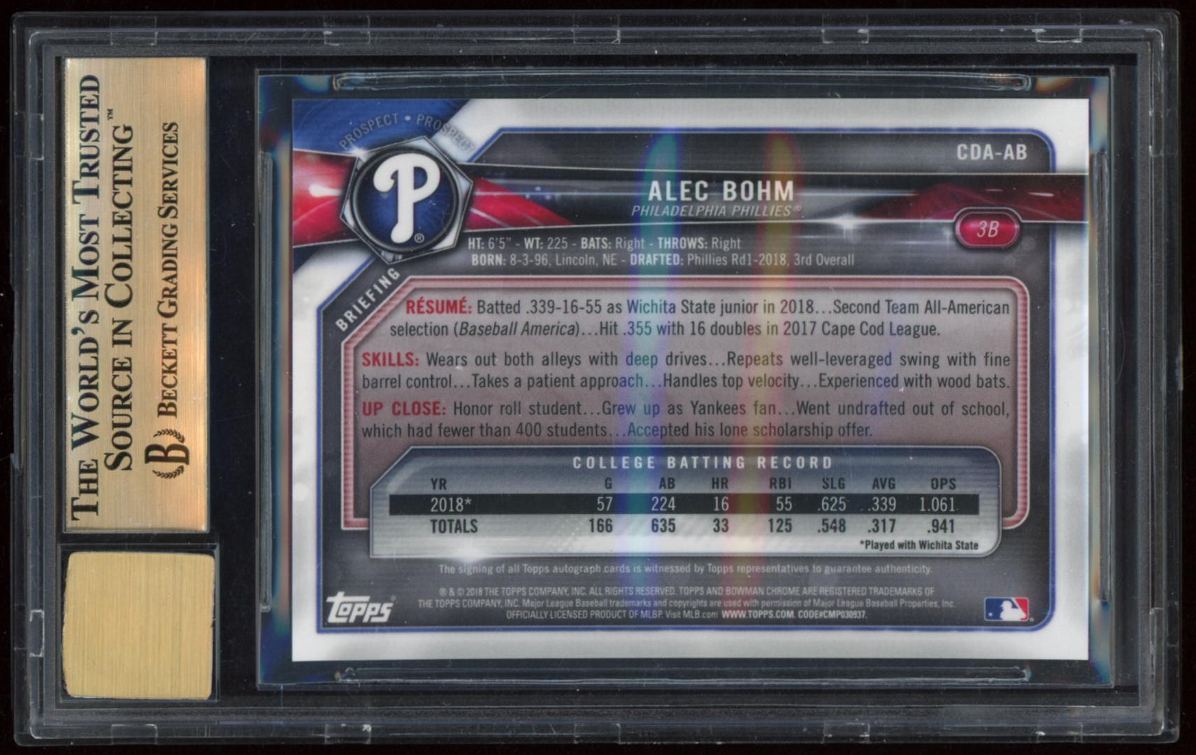 Alec Bohm 2018 Bowman Chrome Draft Autographs #CDAAB (BGS 9.5 ...