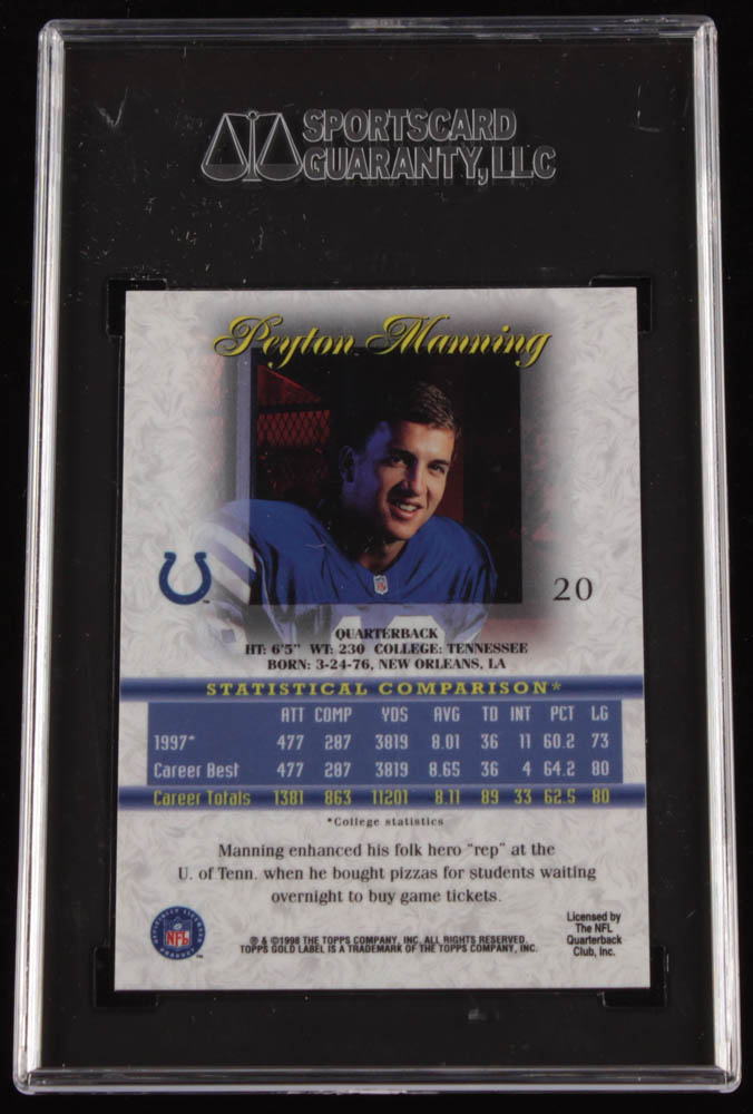 Peyton Manning 1998 Topps Gold Label Class 1 #20 RC (SGC 9) | Pristine ...