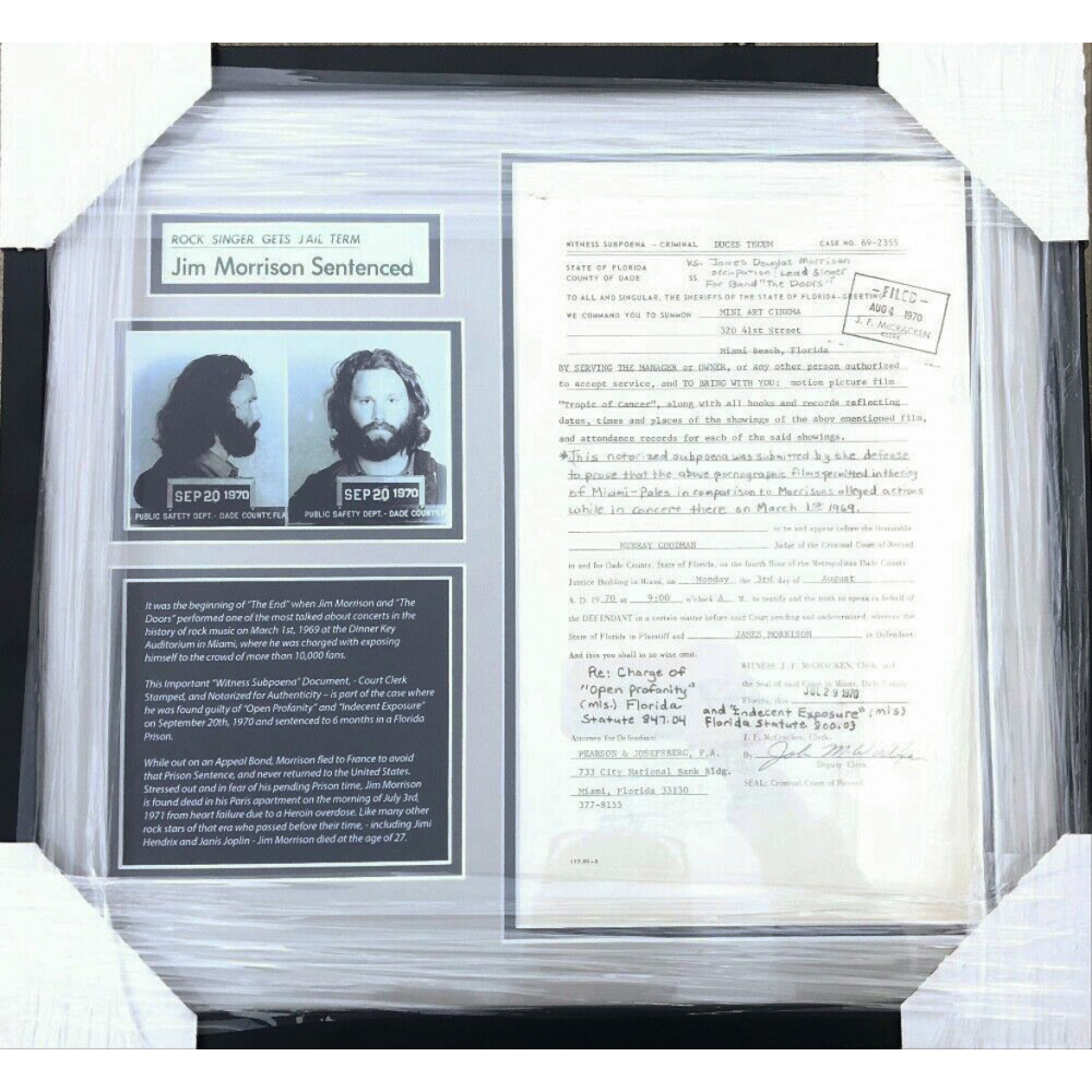 Jim Morrison Signed 19x20 Custom Framed Court Document | Pristine Auction