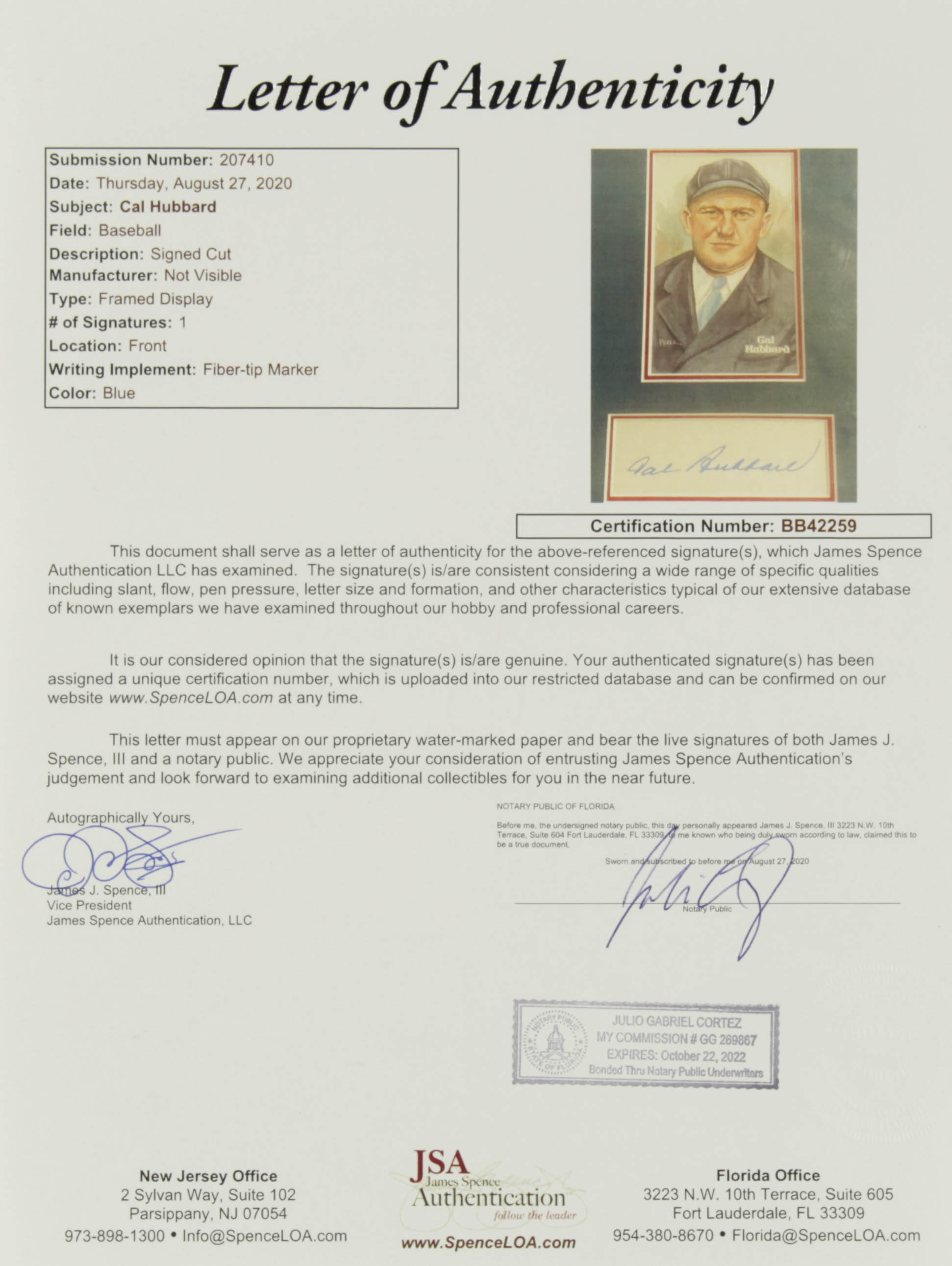 Cal Hubbard Signed 10x13 Custom Framed Cut Display (JSA LOA) | Pristine ...