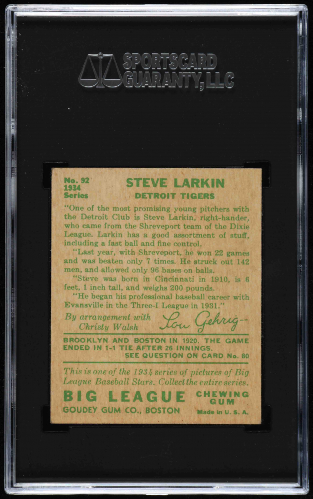 Steve Larkin 1934 Goudey #92 RC (SGC 5) | Pristine Auction