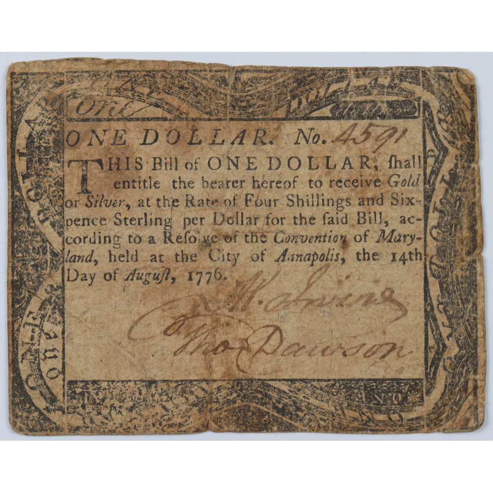 1776 $1 One Dollar - Maryland - Colonial Paper Currency Note | Pristine ...