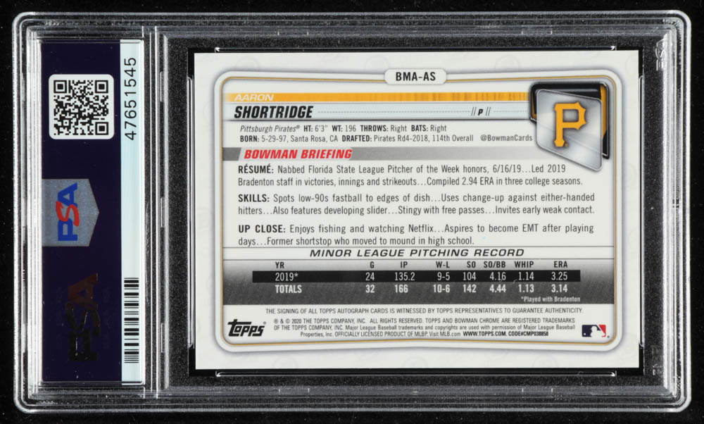 Aaron Shortridge 2020 Bowman Chrome Mega Box Prospect Autograph Blue ...