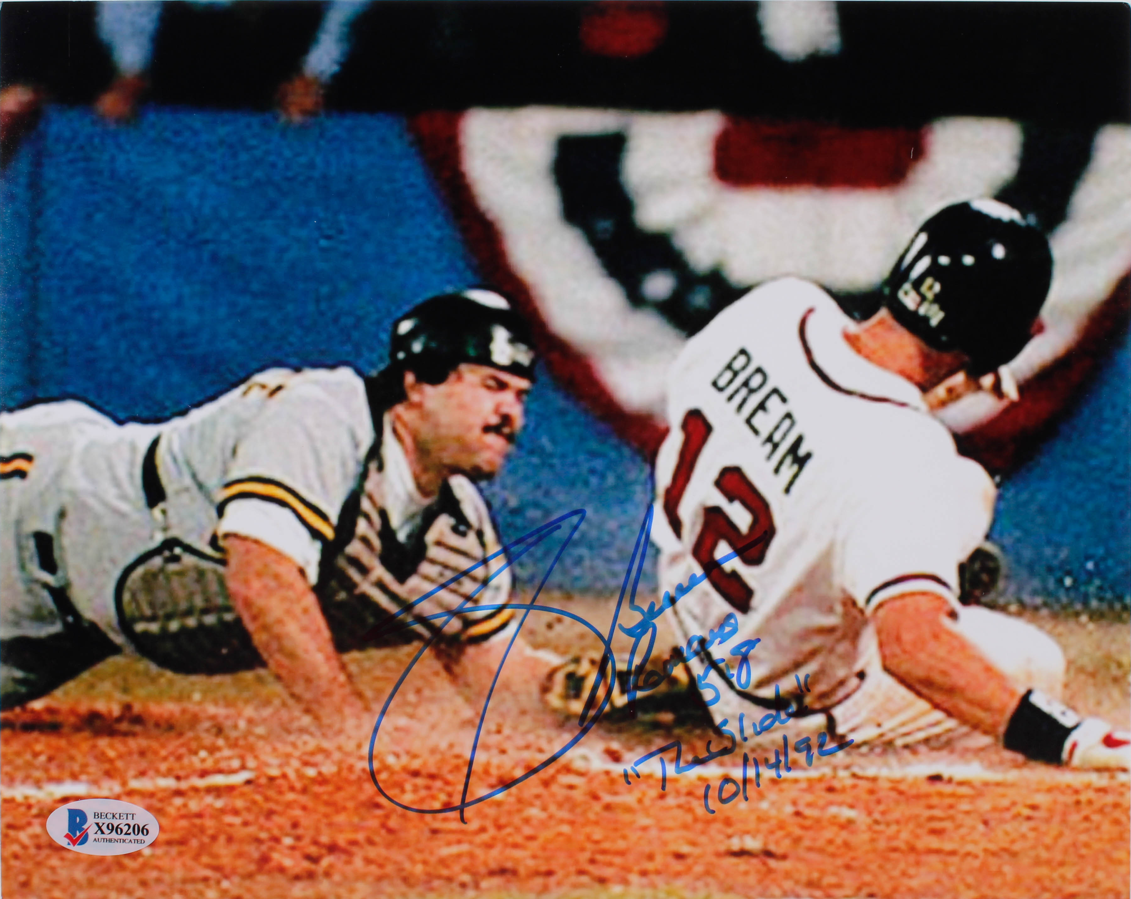 Sid Bream Signed Braves 8x10 Photo Inscribed "The Slide" & "10/14/92 ...