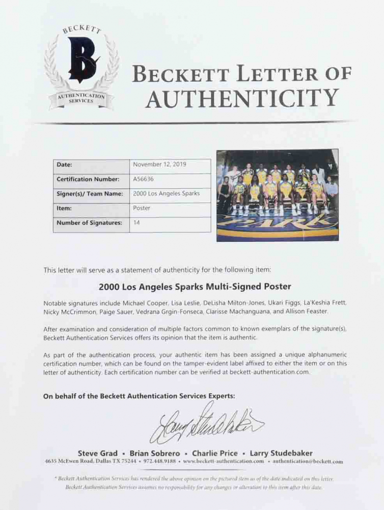 2000 Sparks 19x26.5 Poster Signed By (14) With Lisa Leslie, DeLisha ...