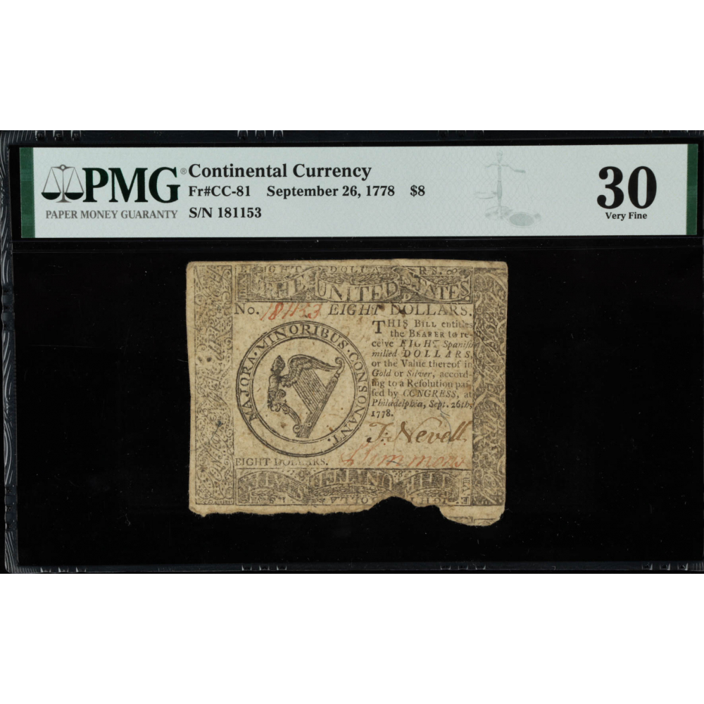 1778 Continental Currency $8 Eight-Dollar Colonial Currency Note ...