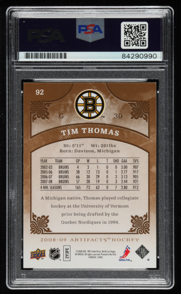 Tim Thomas Signed 2008-09 Artifacts #92 (PSA Encapsulated) | Pristine ...