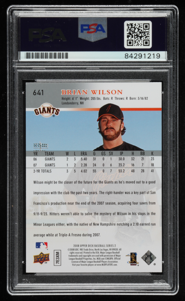 Brian Wilson Signed 2008 Upper Deck #641 (PSA Encapsulated) | Pristine ...