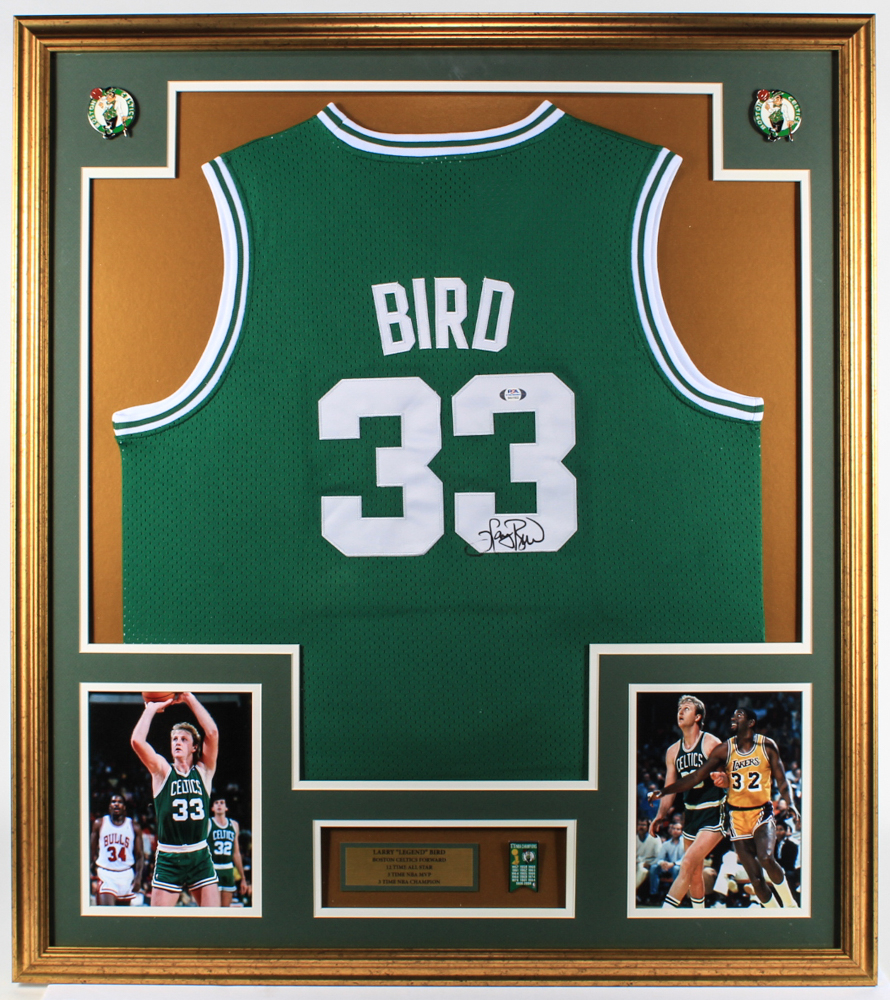 Larry Bird Signed 32x36 Custom Framed Jersey Display with Vintage Celtics Championship Pin (PSA ...