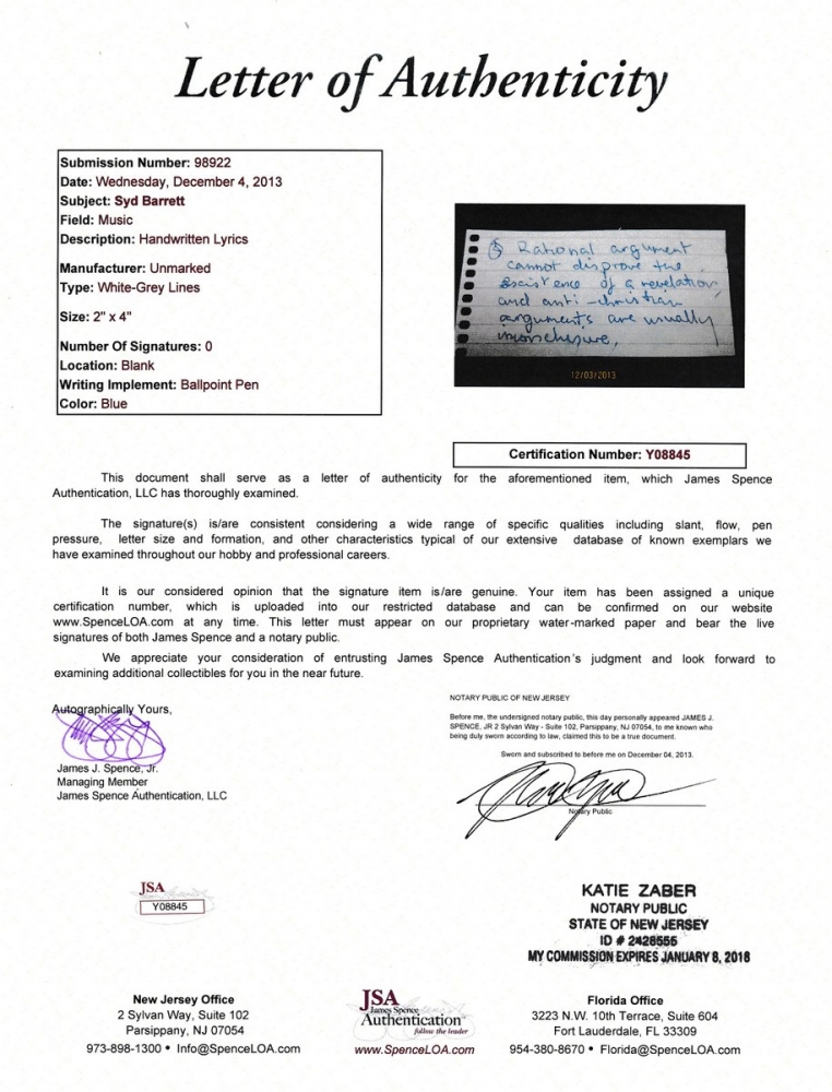 Syd Barrett Signed Vintage Handwritten Lyrics Note (JSA LOA) | Pristine ...