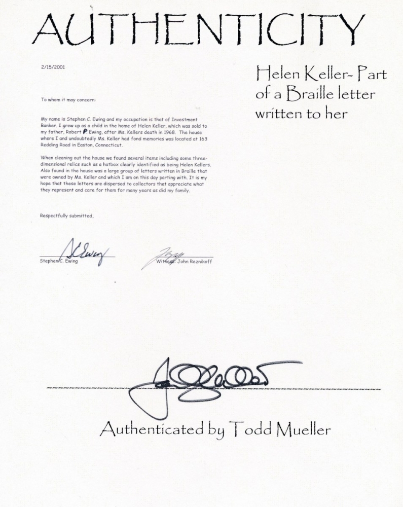 Helen Keller Relic Photo with Remnant Piece of a Braille Letter Written ...