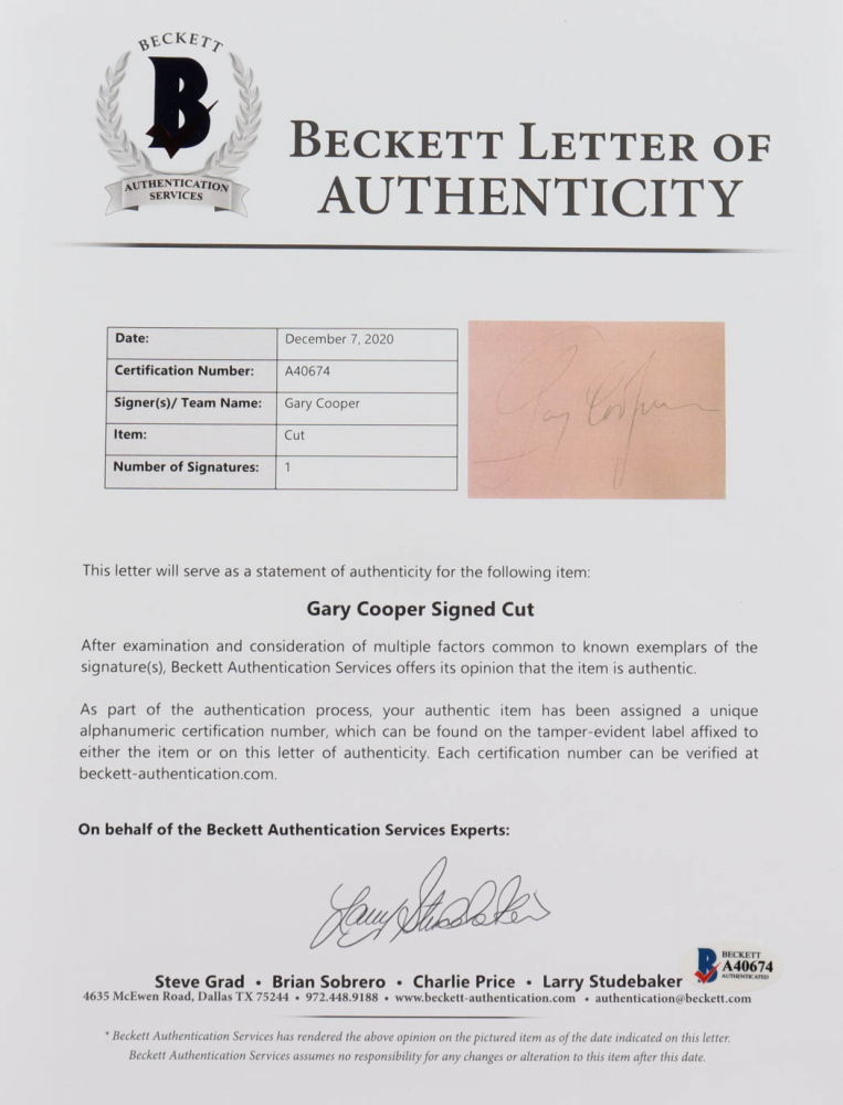 Gary Cooper Signed 11x16 "The Pride of the Yankees" Custom Matted Cut ...