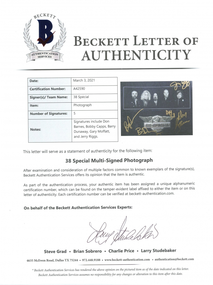 38 Special 8x10 Photo Signed by Don Barnes, Bobby Capps, Barry Dunaway ...