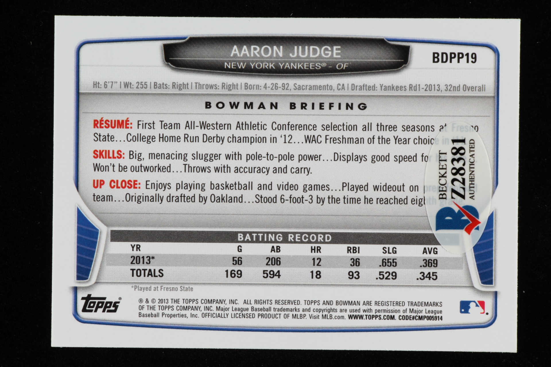 Aaron Judge Signed 2013 Bowman Draft Draft Picks #BDPP19 (Beckett COA ...