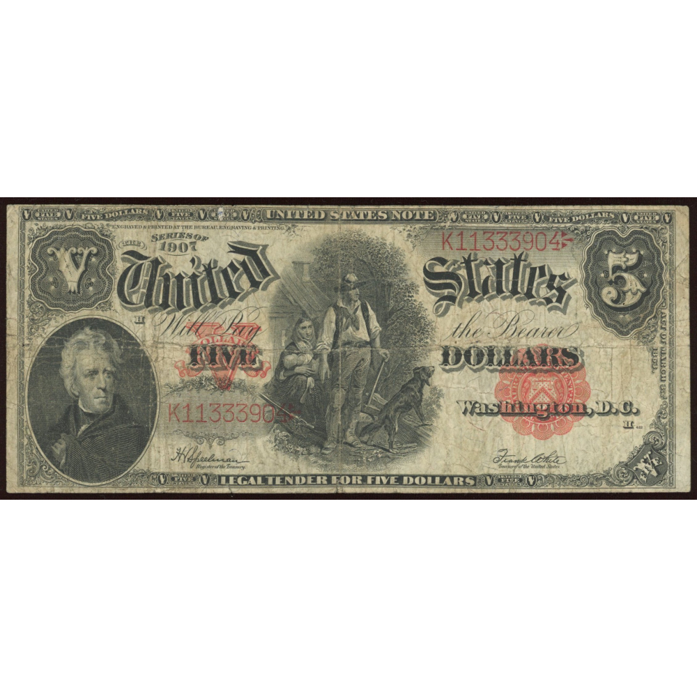 1907 $5 Five-Dollar Red Seal U.S. Legal Tender Large-Size Bank Note ...