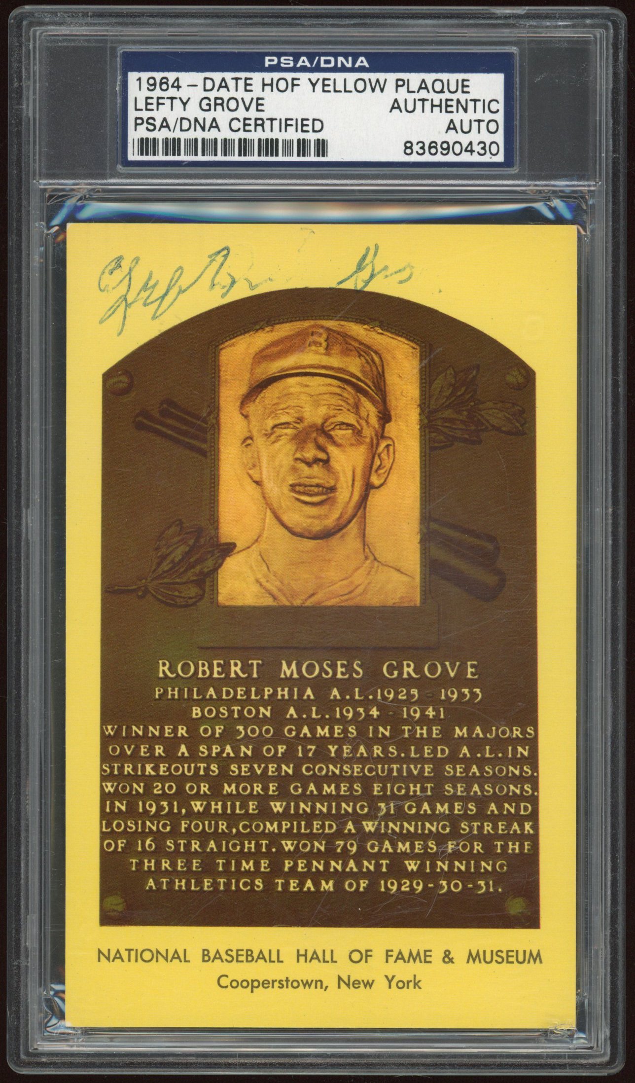 Lefty Grove Signed Hall of Fame Plaque Postcard (PSA Encapsulated ...