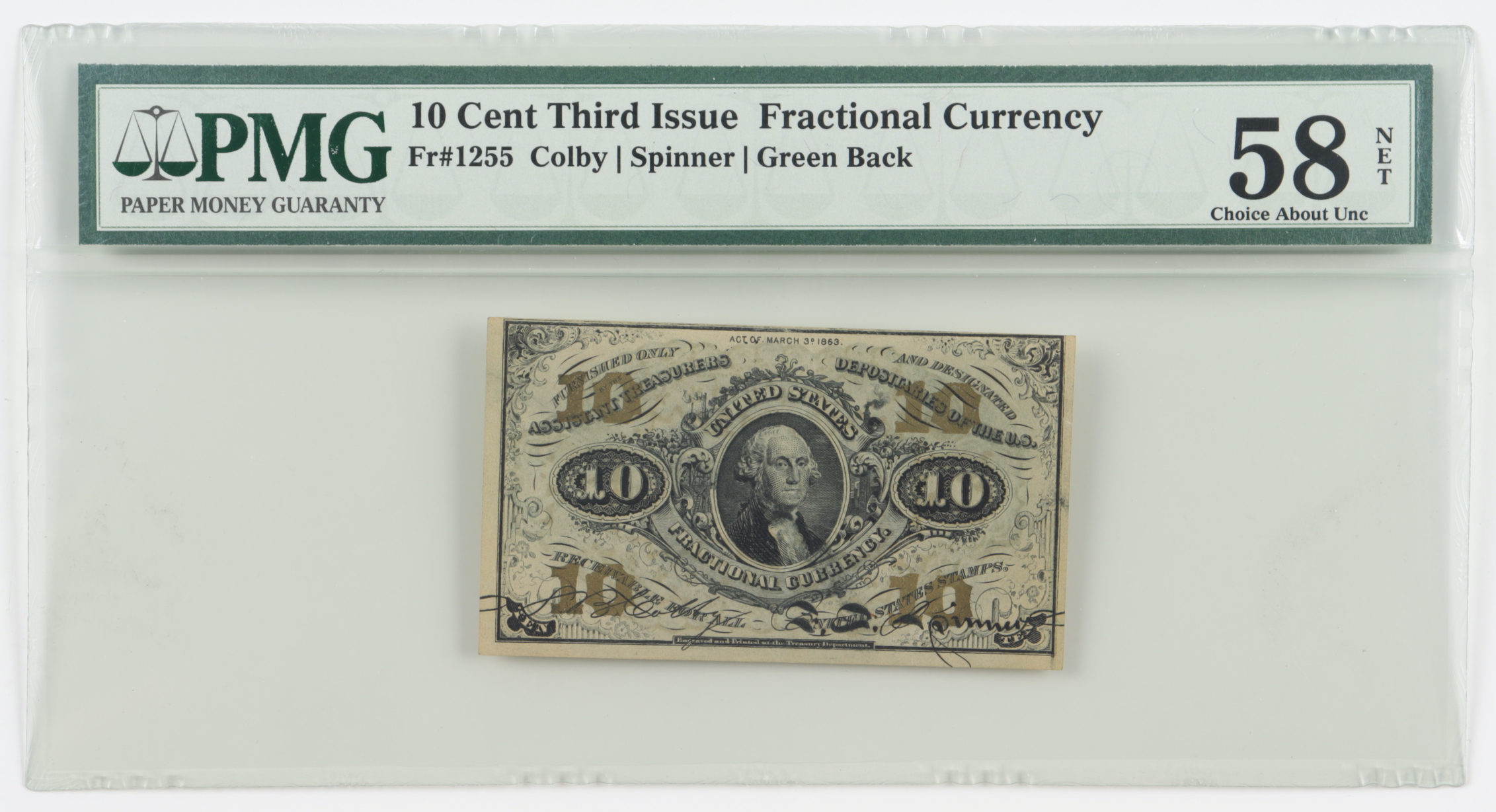 1863 10¢ Ten Cents United States Fractional Bank Note (Fr #1255) (Third ...