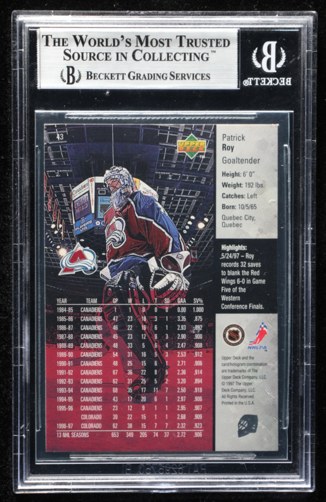 Patrick Roy Signed 1997-98 Upper Deck #43 (BGS Encapsulated) | Pristine ...