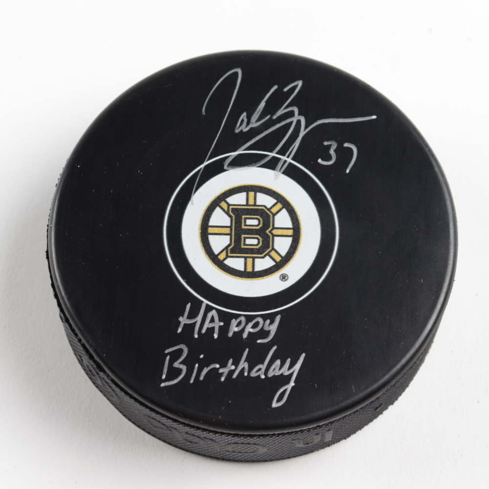 Patrice Bergeron Signed Bruins Logo Hockey Puck Inscribed "Happy ...