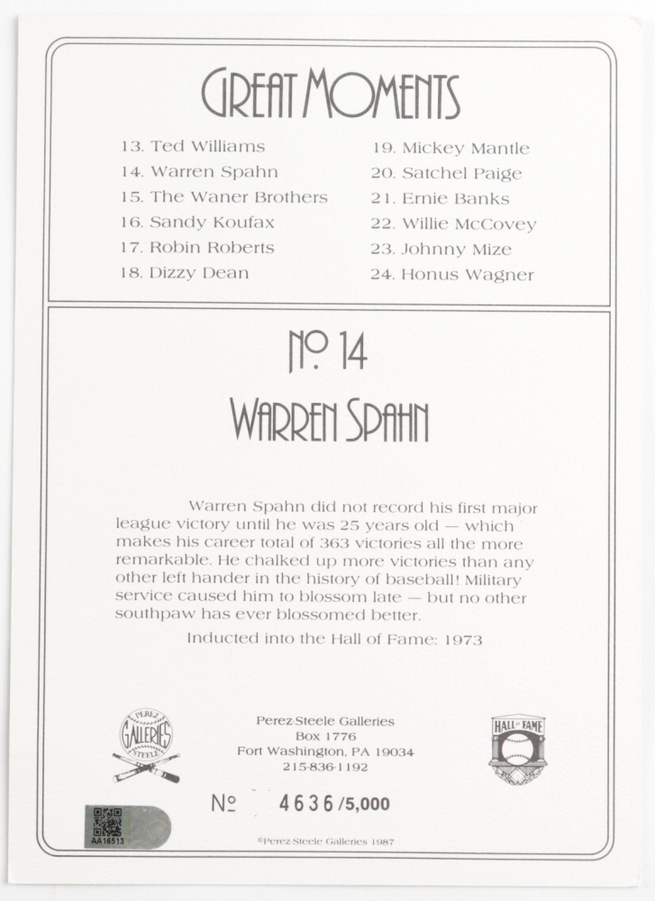 Warren Spahn Signed LE Great Moments Perez-Steele Galleries #14 ...