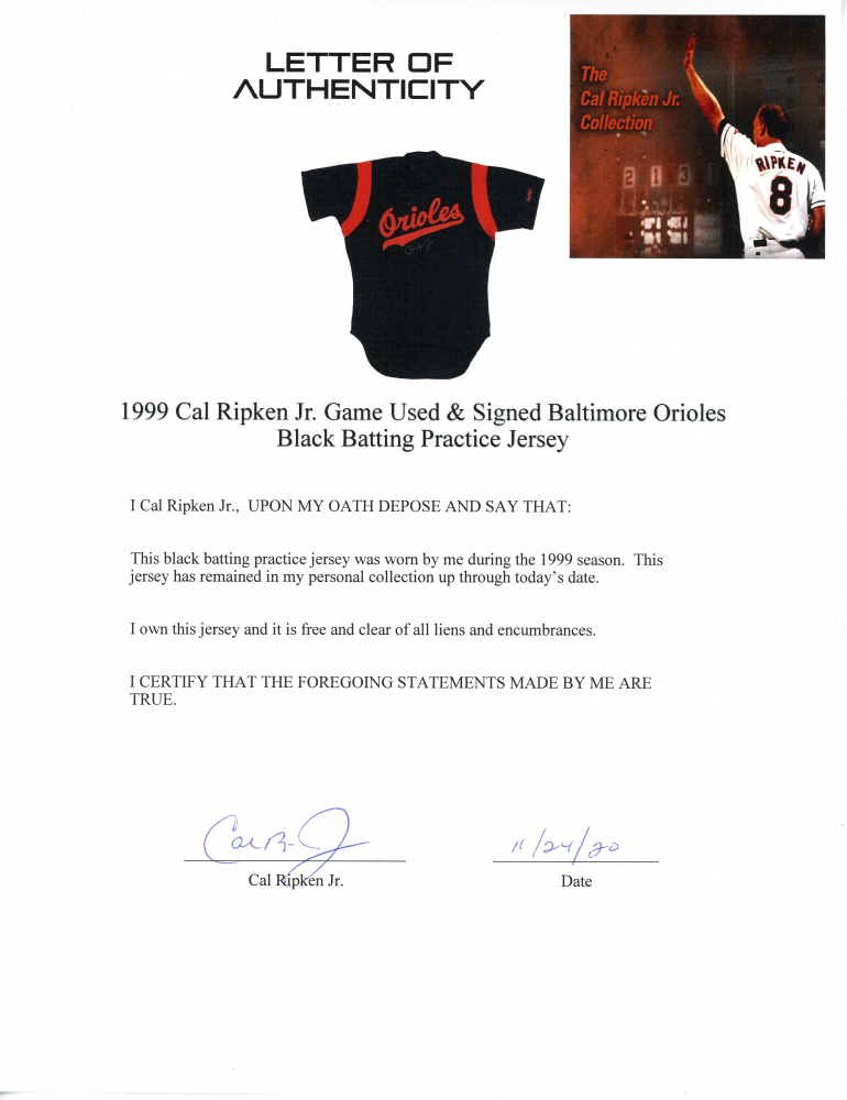 CAL RIPKEN JR 1999 ORIOLES GAME-WORN BP JERSEY MYSTERY SWATCH BOX ...