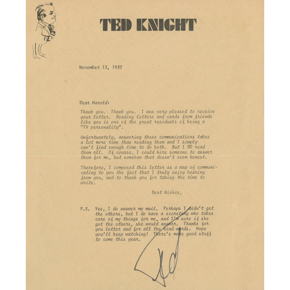 Ted Knight Signed Letter (PSA COA) | Pristine Auction