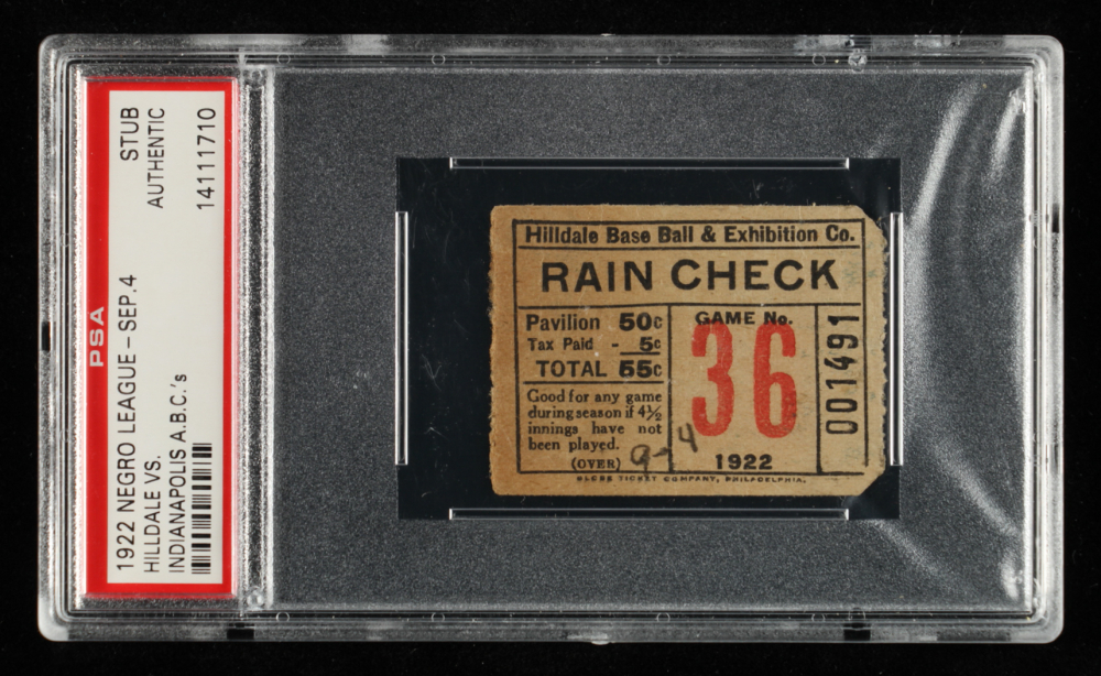 Vintage 1922 Negro League Rain Check Ticket Stub (PSA Encapsulated ...