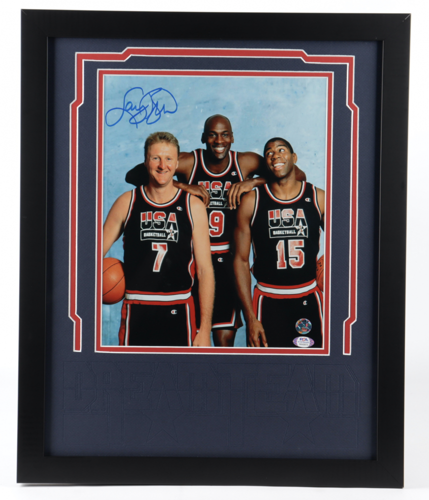 Larry Bird Signed Team USA 18x22 Custom Framed Photo Display (PSA COA & Bird Hologram ...