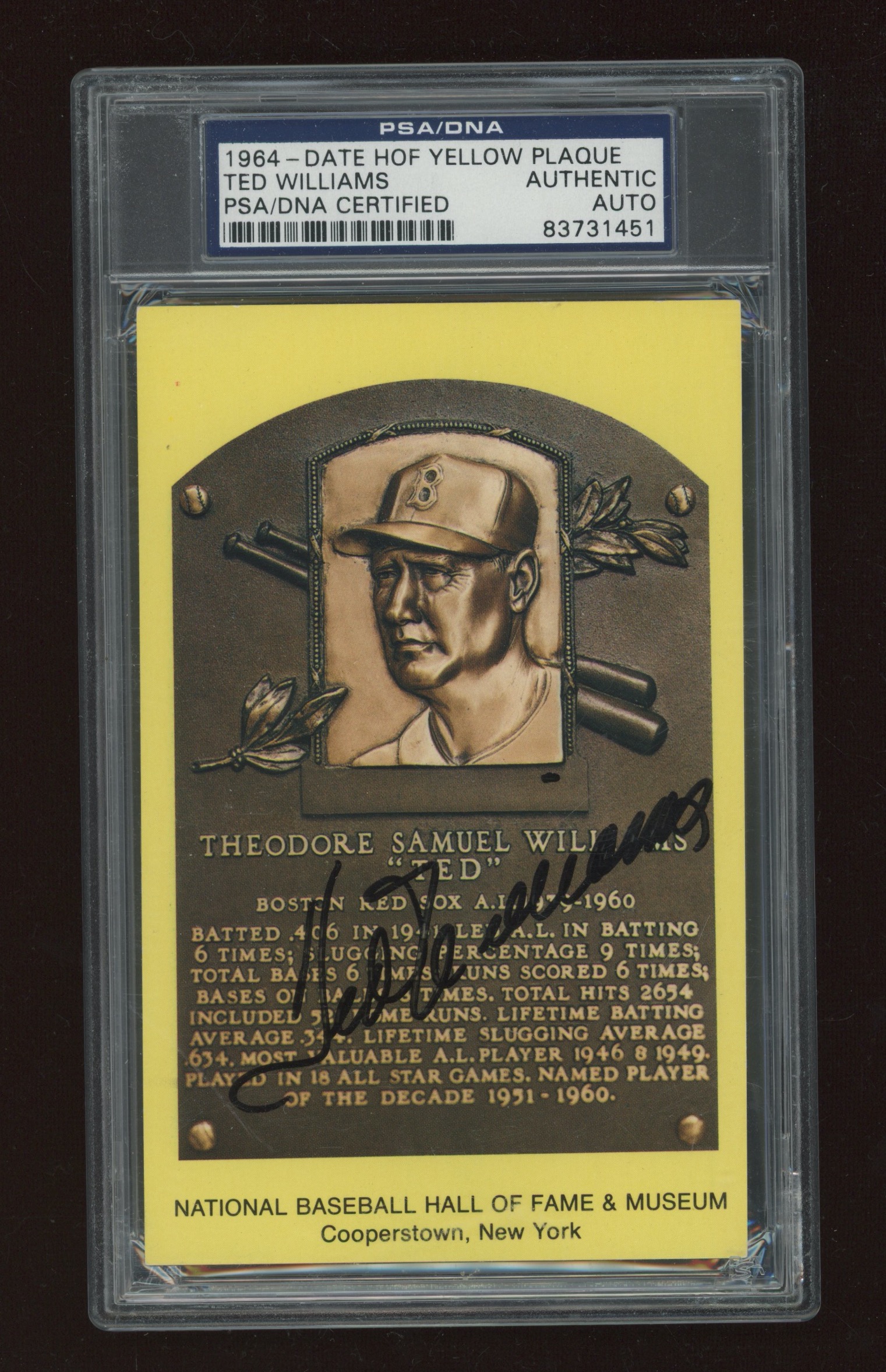 Ted Williams Signed Hall of Fame Plaque Postcard (PSA Encapsulated ...