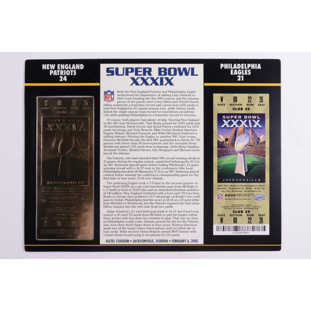 Super Bowl XXXIX Commemorative Score Card with 22kt Gold Ticket ...