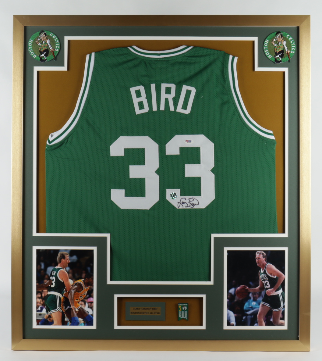 Larry Bird Signed 32x36 Custom Framed Jersey Display with Celtics NBA Champions Pin (PSA COA ...