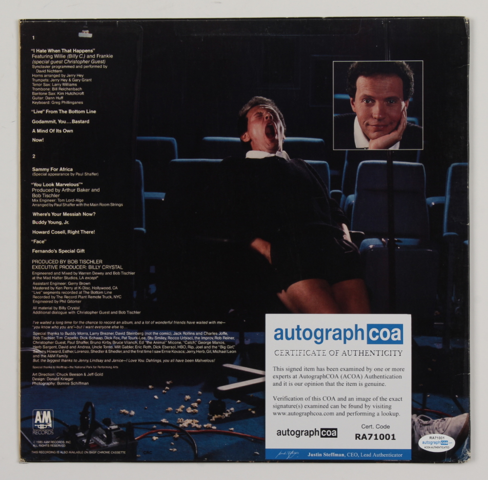 Billy Crystal Signed "Marvelous" Vinyl Record Album (ACOA COA ...