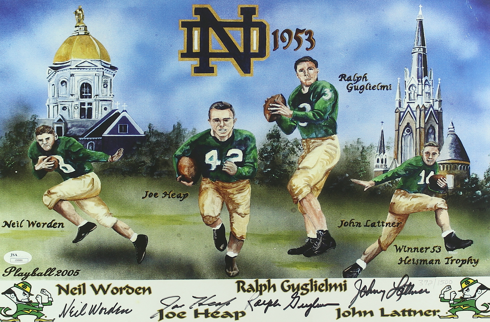 1953 Notre Dame Football LE 12x18 Lithograph Signed by (4) with Johnny ...