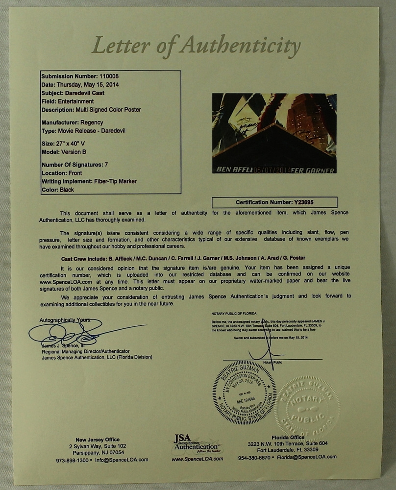 Daredevil 27x40 Movie Poster Signed by (7) with Ben Affleck, Jennifer ...