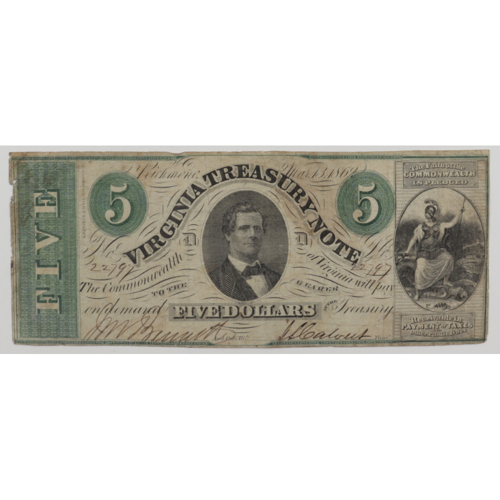 1869 $5 Five Dollars - Virginia Treasury Note - Richmond, VA (See ...
