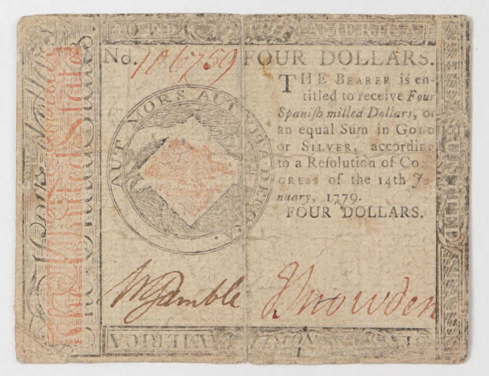 1779 $4 Four Dollars - Continental - Colonial Currency Note | Pristine ...