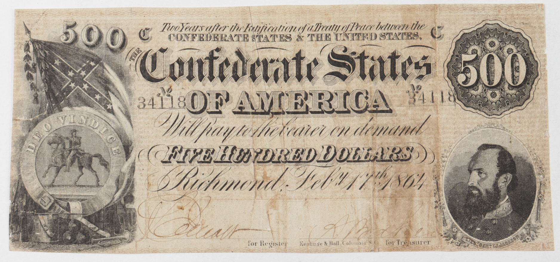 1864 $500 Five-Hundred Dollars Confederate States of America Richmond ...