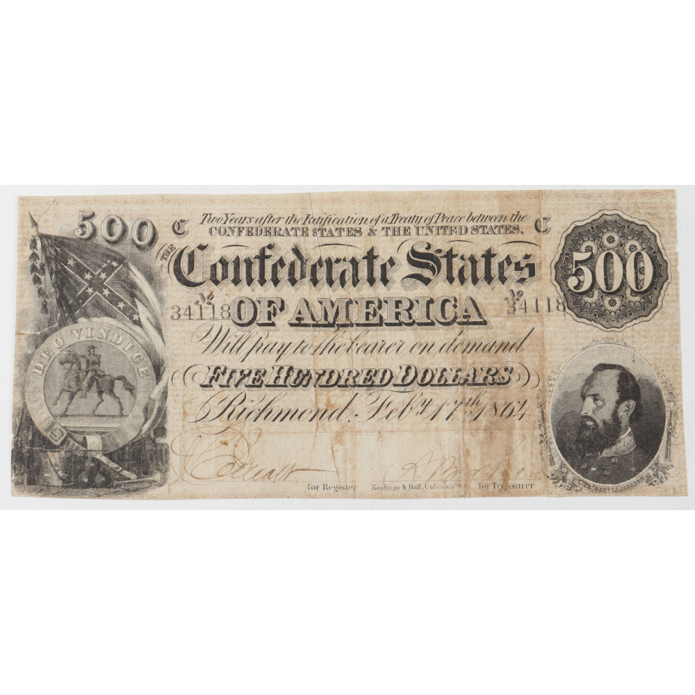 1864 $500 Five-Hundred Dollars Confederate States of America Richmond ...