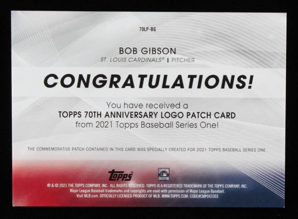 Bob Gibson 2021 Topps 70th Anniversary Commemorative Logo Patches ...
