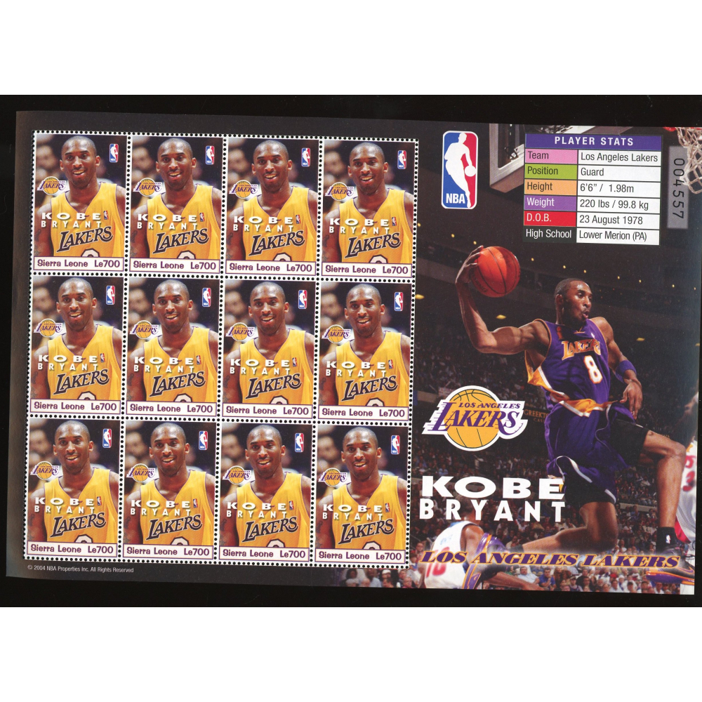 Kobe Bryant LE 2004 Lakers Uncut Postage Stamp Sheet With (12) Stamps ...