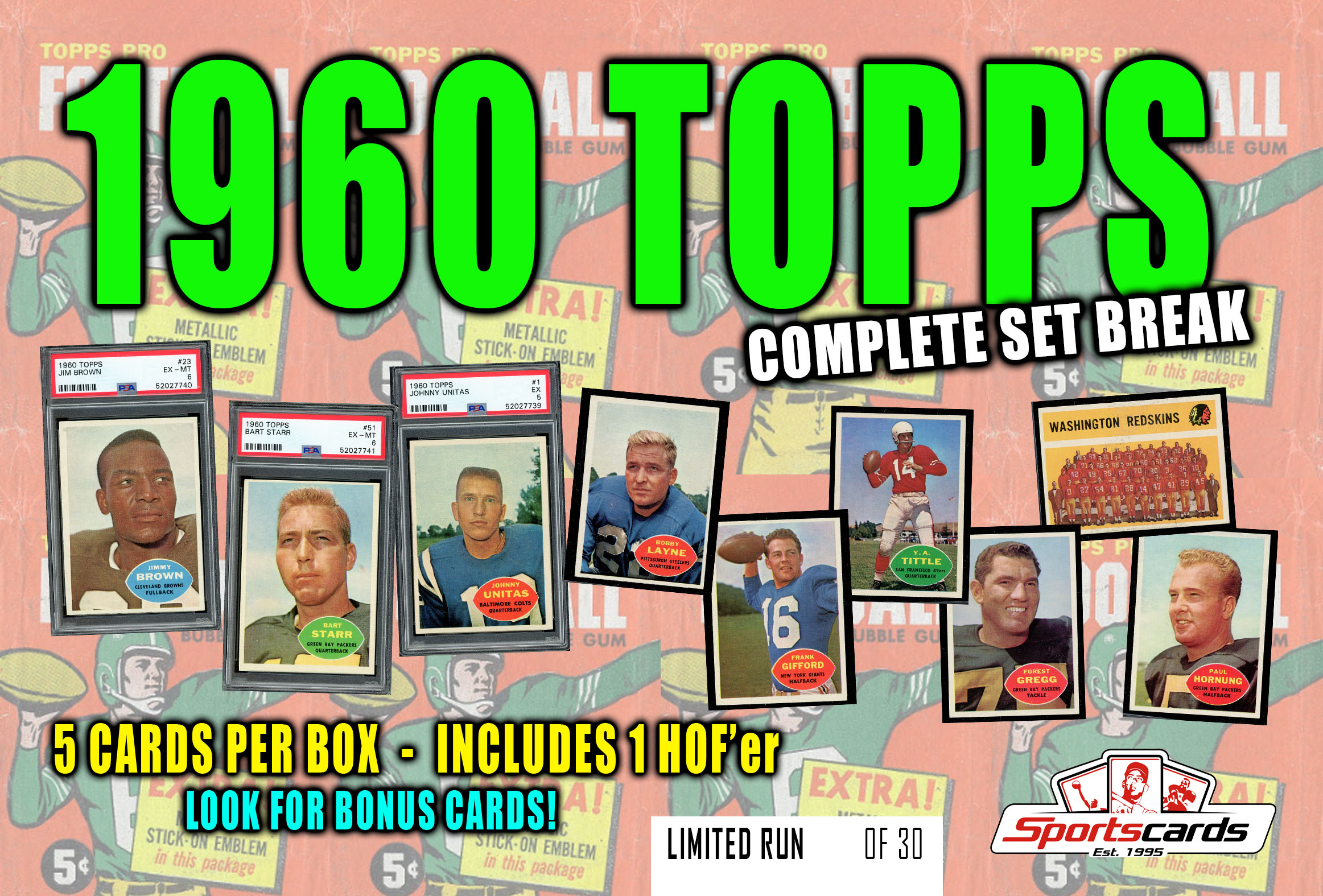 “1960 TOPPS FOOTBALL COMPLETE SET BREAK” BOX– 5 CARDS PER BOX ...