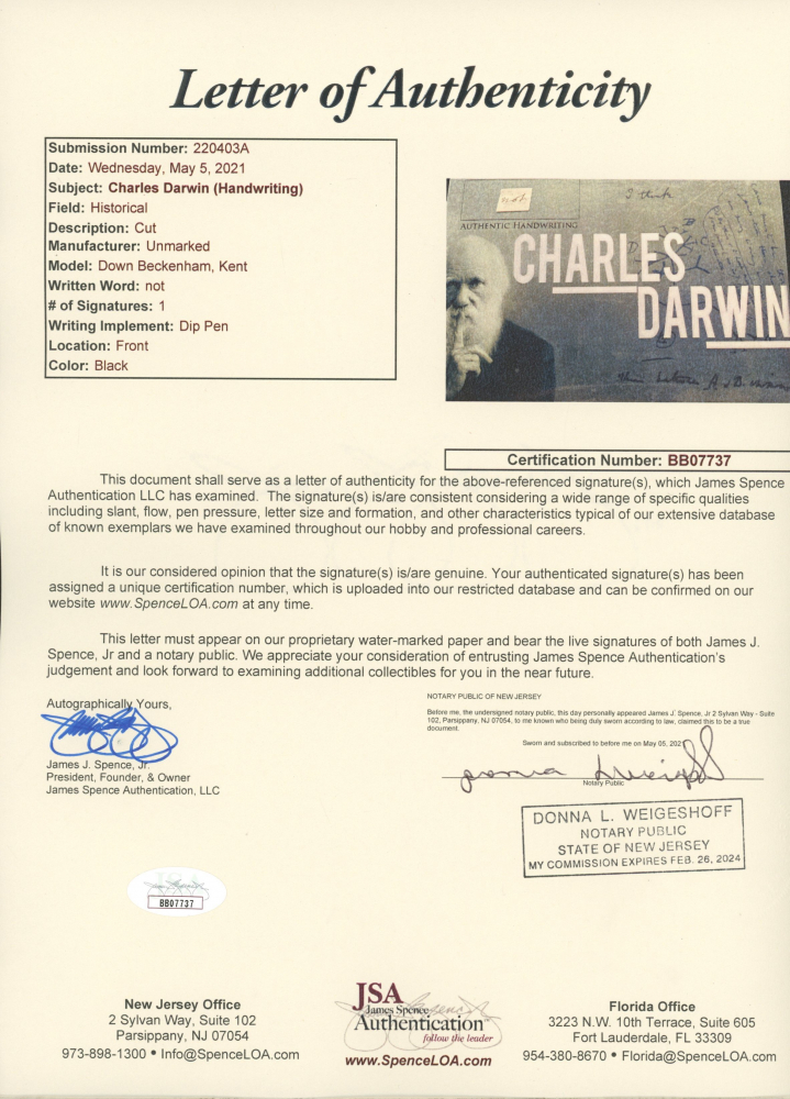 Charles Darwin Hand-Written Word (JSA LOA) | Pristine Auction