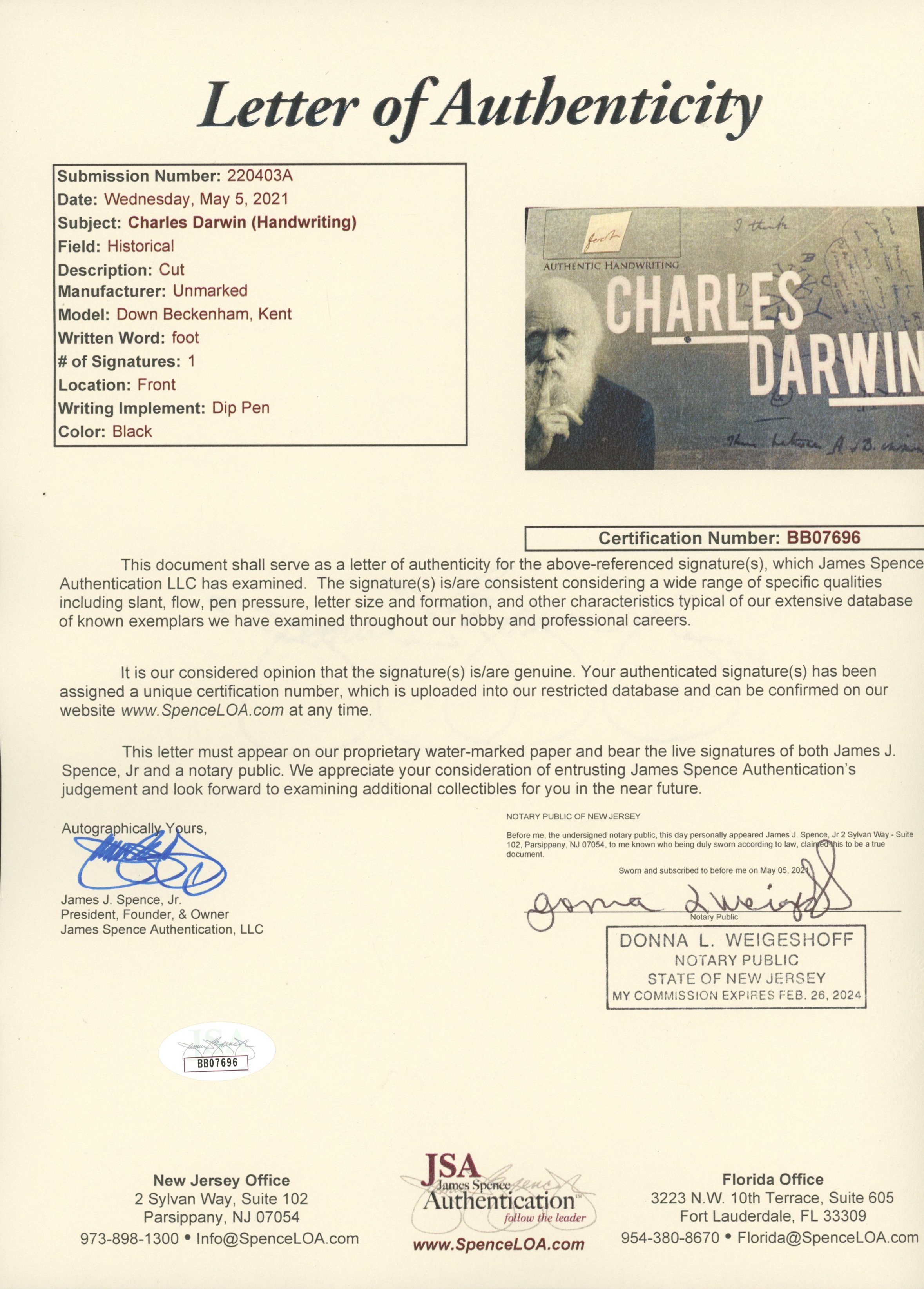 Charles Darwin Hand-Written Word (JSA LOA) | Pristine Auction
