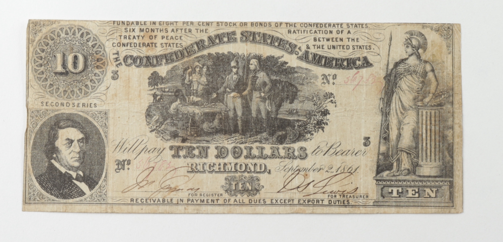 1861 $10 Ten-Dollars Confederate States of America Richmond CSA Bank ...