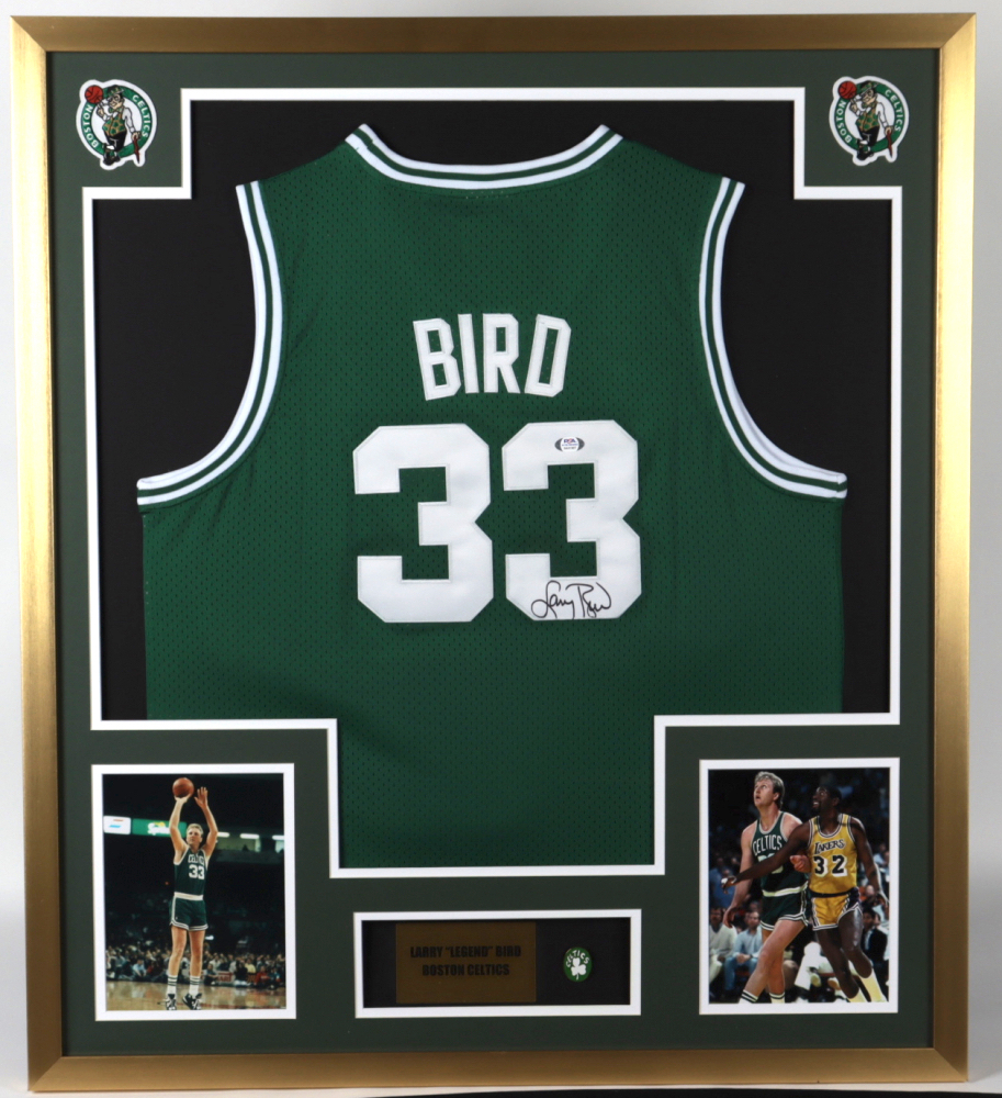 Larry Bird Signed 32x36 Custom Framed Jersey Display with Celtics Pin (PSA COA) | Pristine Auction