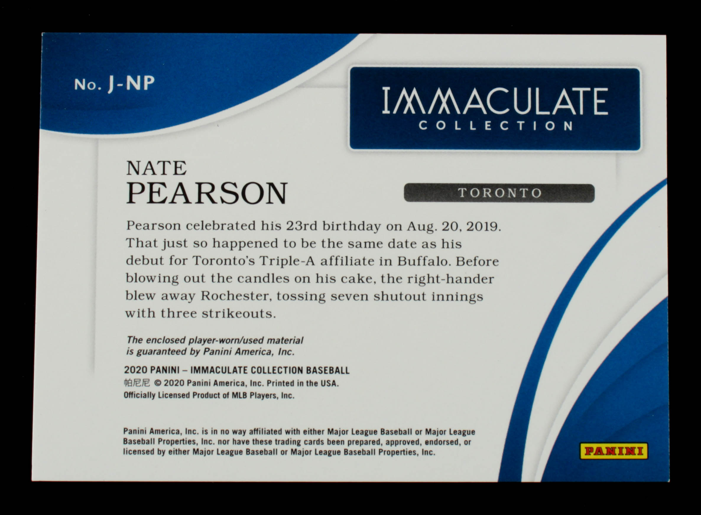 Nate Pearson 2020 Immaculate Collection Jumbo Nameplate #86 #5/10 ...