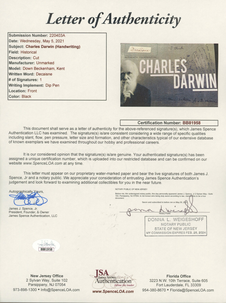 Charles Darwin Hand-Written Word (JSA LOA) | Pristine Auction