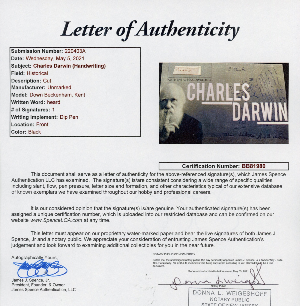 Charles Darwin Hand-Written Word (JSA LOA) | Pristine Auction
